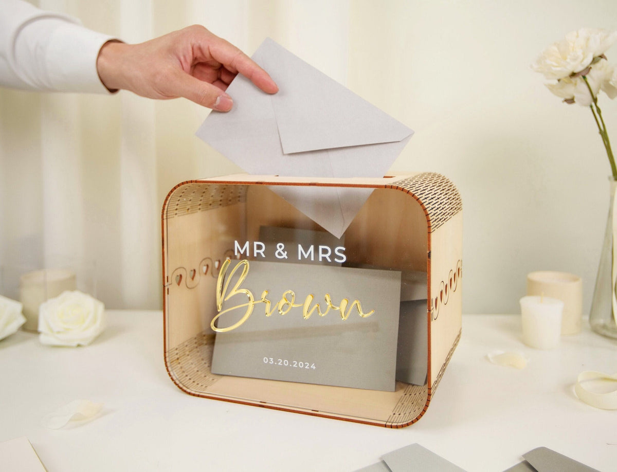 Wood & Acrylic Wedding Card Box (Design 12) - 3D Gold Mirror Boho Mode ...